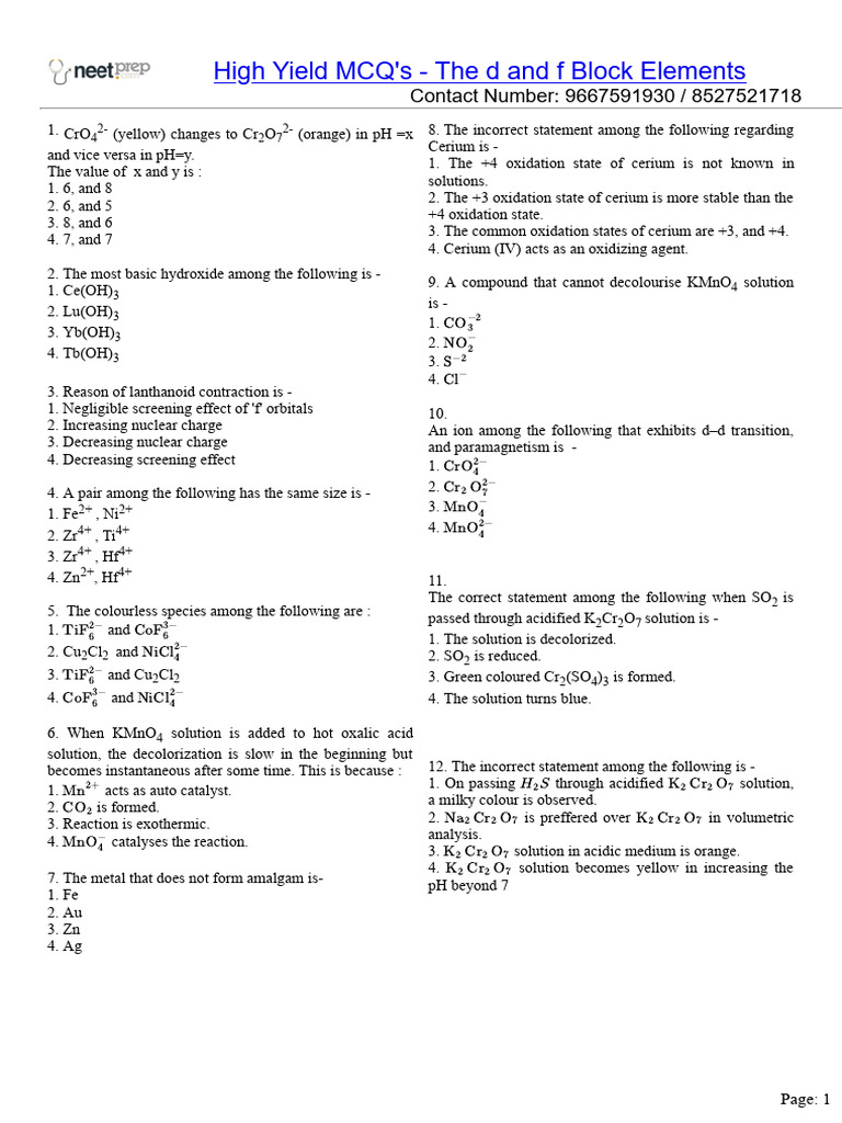 The d and f Block Elements - High Yield MCQs for NEET 2022 | PDF | Lanthanide | Metallic Elements