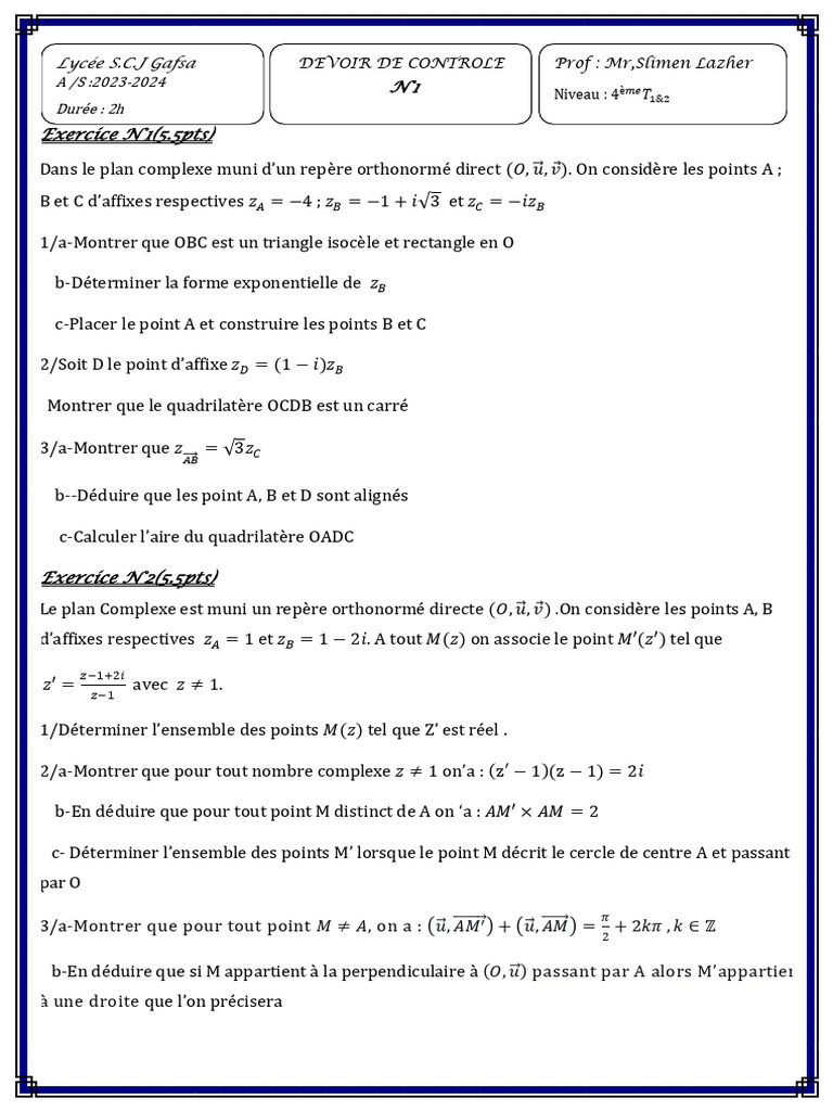 Devoir de contrôle math 4ème 2023-2024 | PDF | Nombre complexe | Géométrie