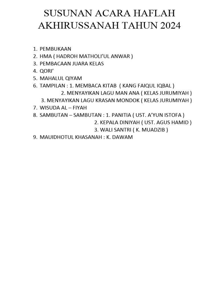 Susunan Acara Haflah Akhirussanah Tahun 2024 | PDF