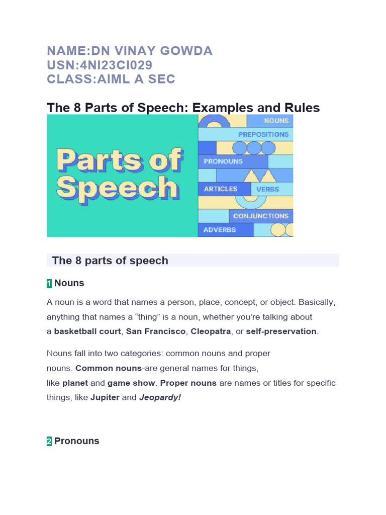 DN Vinay Gowda 4ni23ci029 Aiml A Sec | PDF | Noun | Part Of Speech