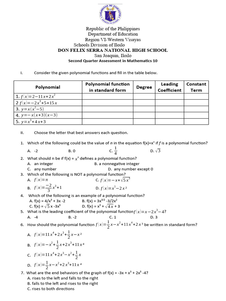 Sir Roel 2nd Quater Assessment | PDF | Function (Mathematics) | Polynomial