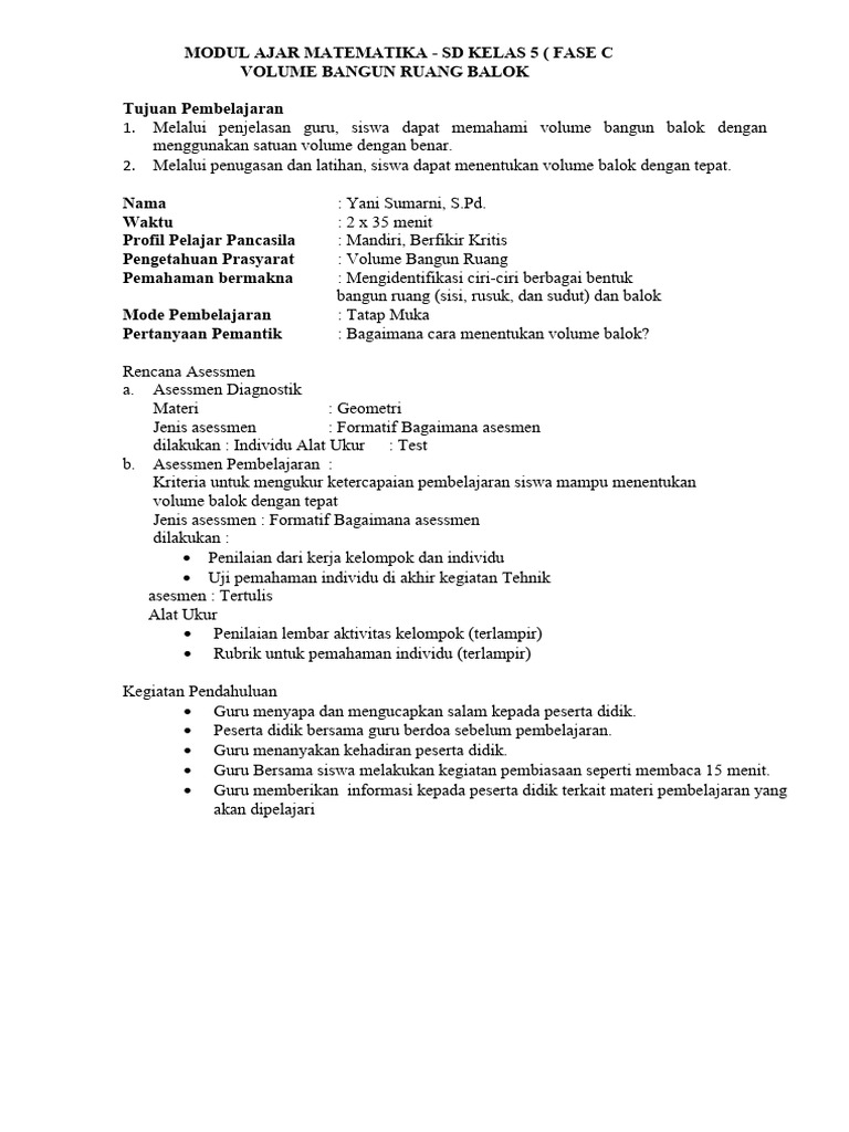 MODUL AJAR MATEMATIKA 2024 Bu Yani | PDF