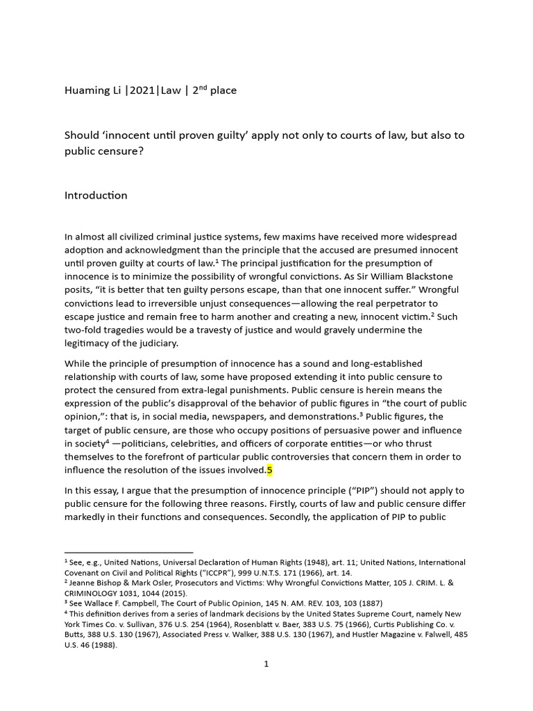 Presumption of Innocence in Public Censure | PDF | Defamation | Freedom ...