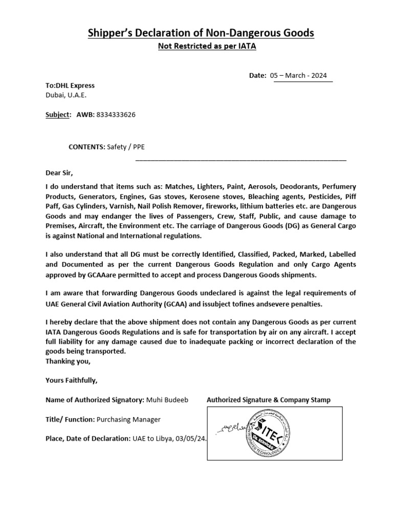 Shippers Declaration of Non DG DHL | PDF