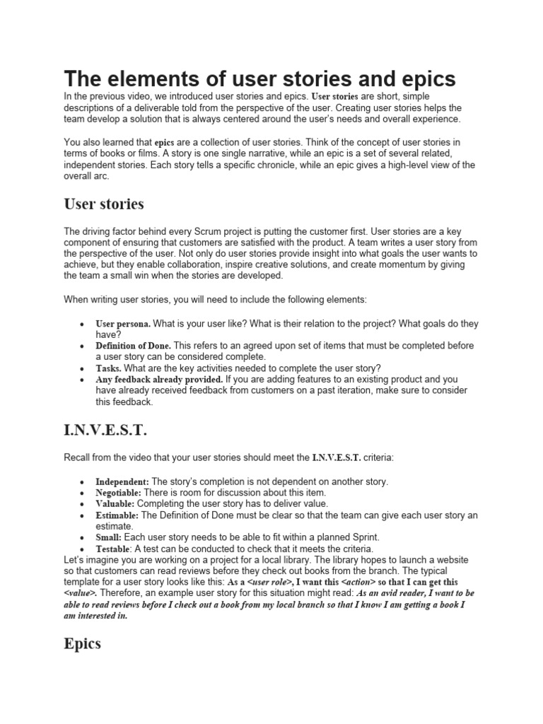 Activity00 - Reading - The Elements of User Stories and Epics | PDF ...