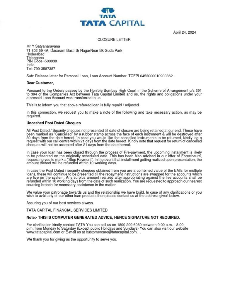 NOC TATA Capital | PDF | Cheque | Loans