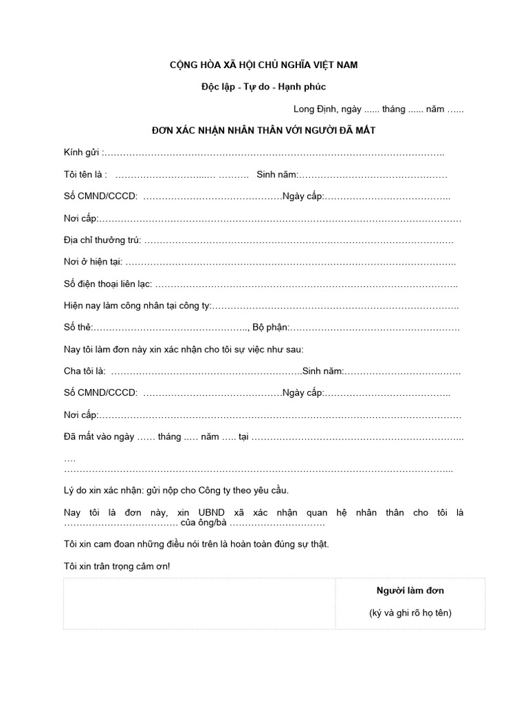 Mau Don Xin Xac Nhan Nhan Than Voi Nguoi Da Mat | PDF