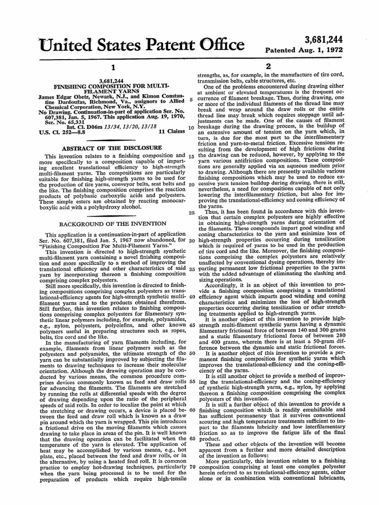 Finishing Composition For Multi-Filament Yarns | PDF | Polyester | Ester