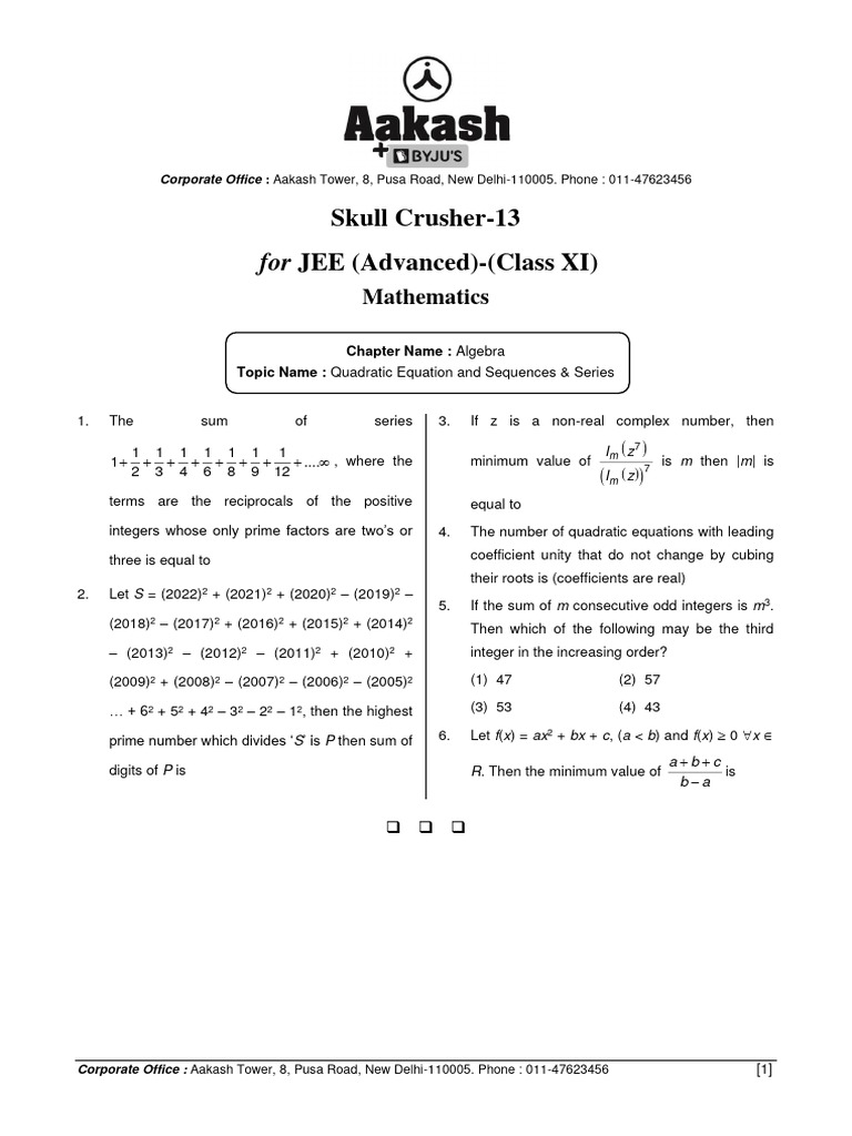 Skull Crusher-13 Class XI JEE (Adv) Mathematics | PDF | Numbers | Quadratic Equation