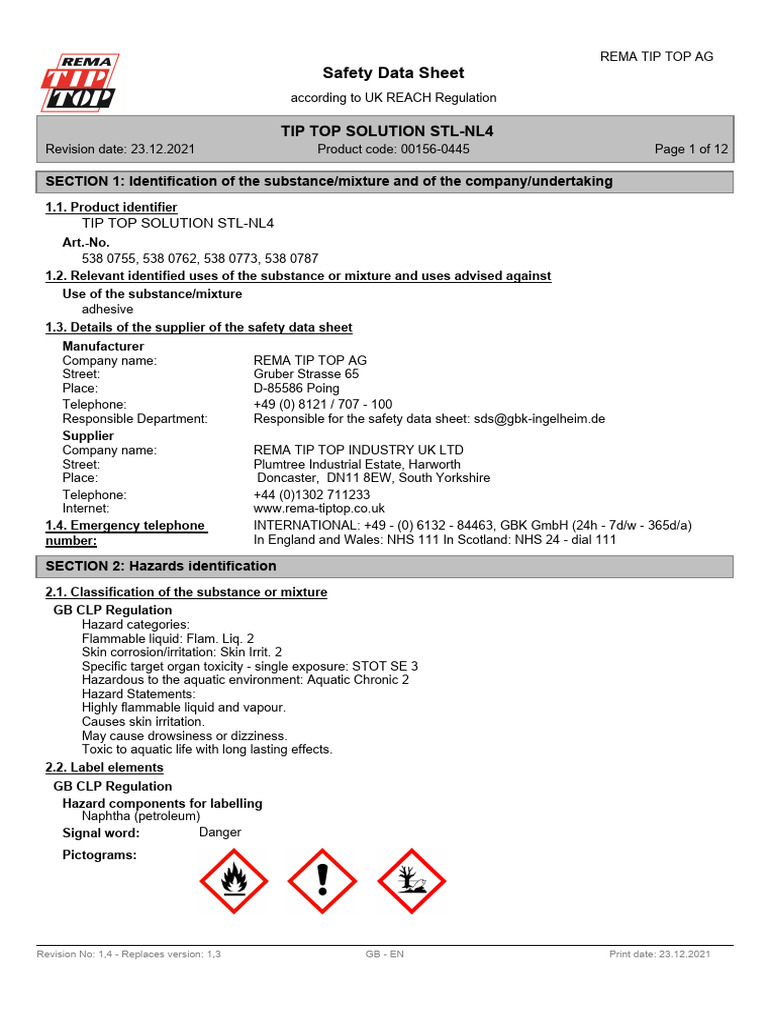 MSDS_TIP_TOP_SOLUTION_STL-NL4 | PDF | Carbon Dioxide | Safety