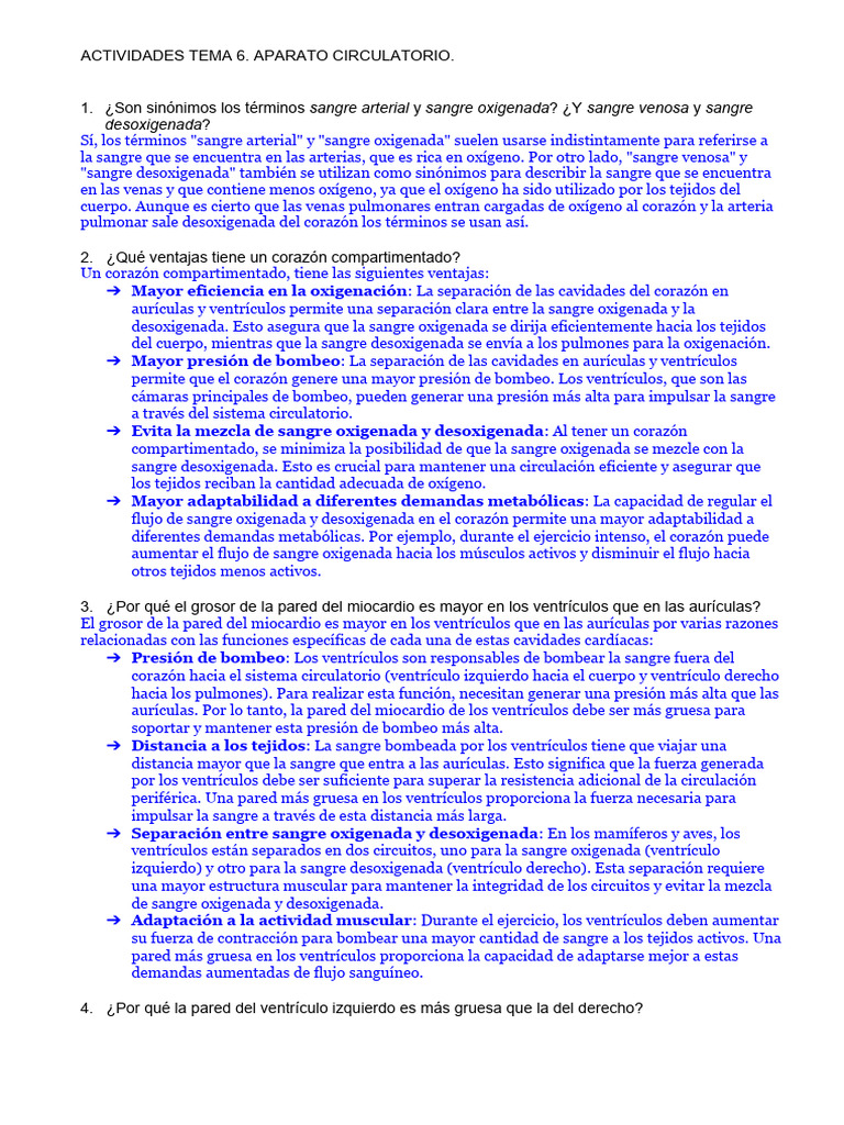 TEMA 6 Circulatorio Actividades | PDF | Corazón | Sistema circulatorio