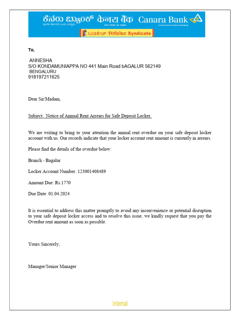 Safe Deposit Locker Rent Arrears Notice | PDF | Bangalore