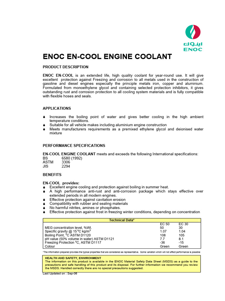 ENOC EN-COOL Engine Coolant Overview | PDF | Chemistry | Chemical ...