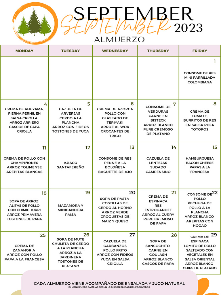 Menú Semanal de Almuerzos 2023 | PDF | Sopa | Almuerzo
