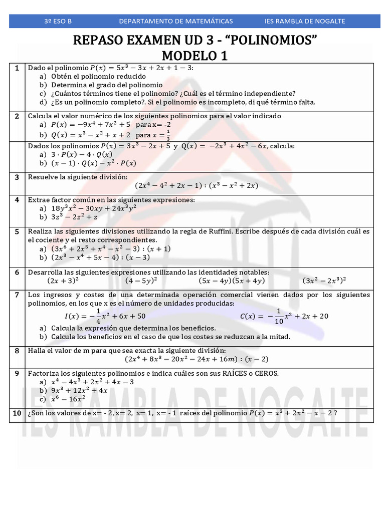 Modelos de Examen (Ud 3) | PDF | Factorización | Matemática Elemental