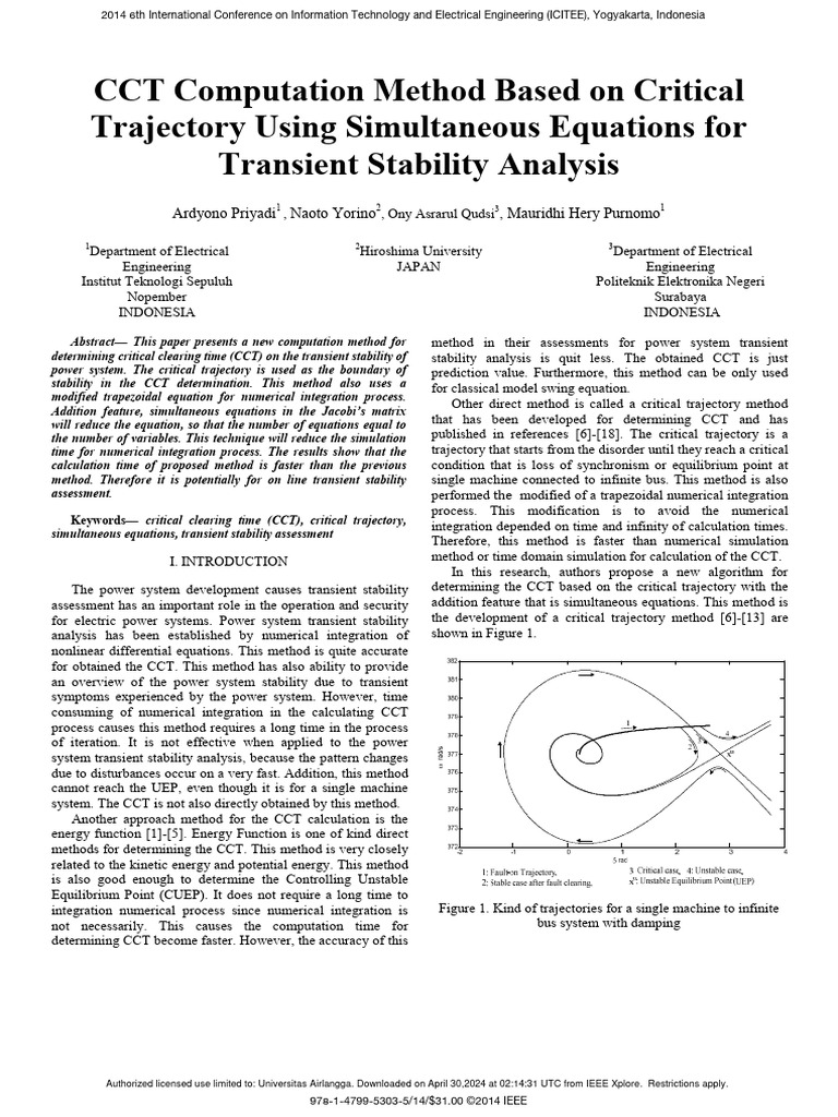 CCT Computation Method Based On Critical Trajectory Using Simultaneous Equations For Transient ...