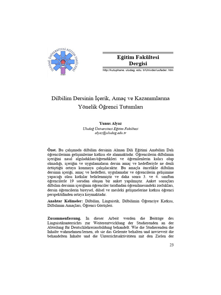 Dilbilim Dersinin Erik, Ama Ve Kazan Mlar Na Y Nelik Renci Tutumlar (#173357) - 153280 | PDF