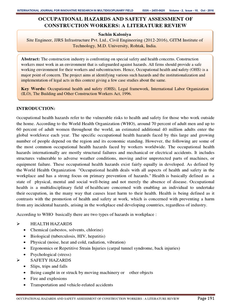 Occupational Hazards and Safety Assessment of Construction Workers: A Literature Review | PDF ...