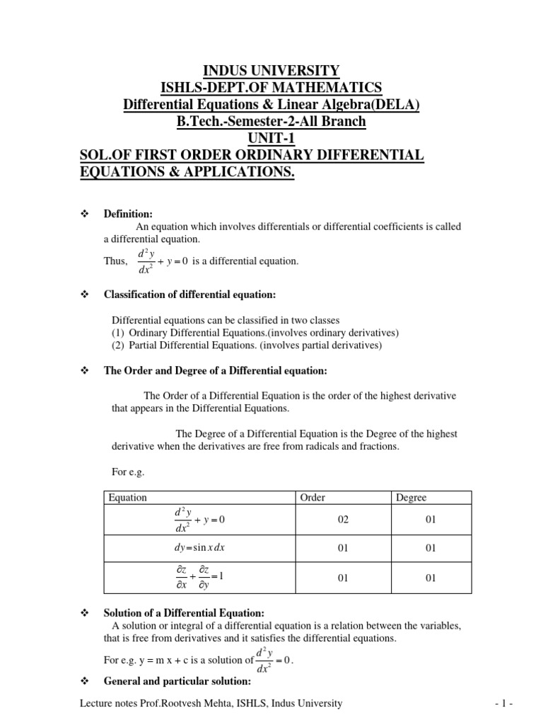 Unit 1 Dela Sem. II B.tech. Ma0211 | PDF | Equations | Differential ...