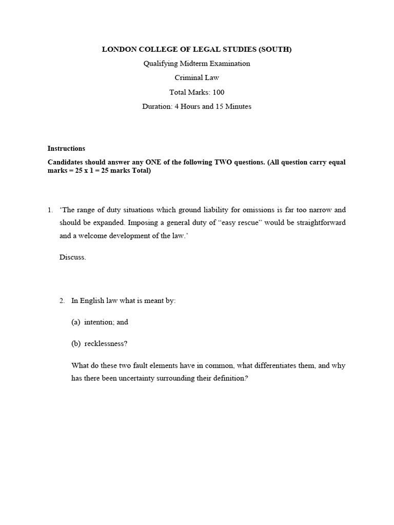 Criminal Law Midterm Exam Questions | PDF | Common Law
