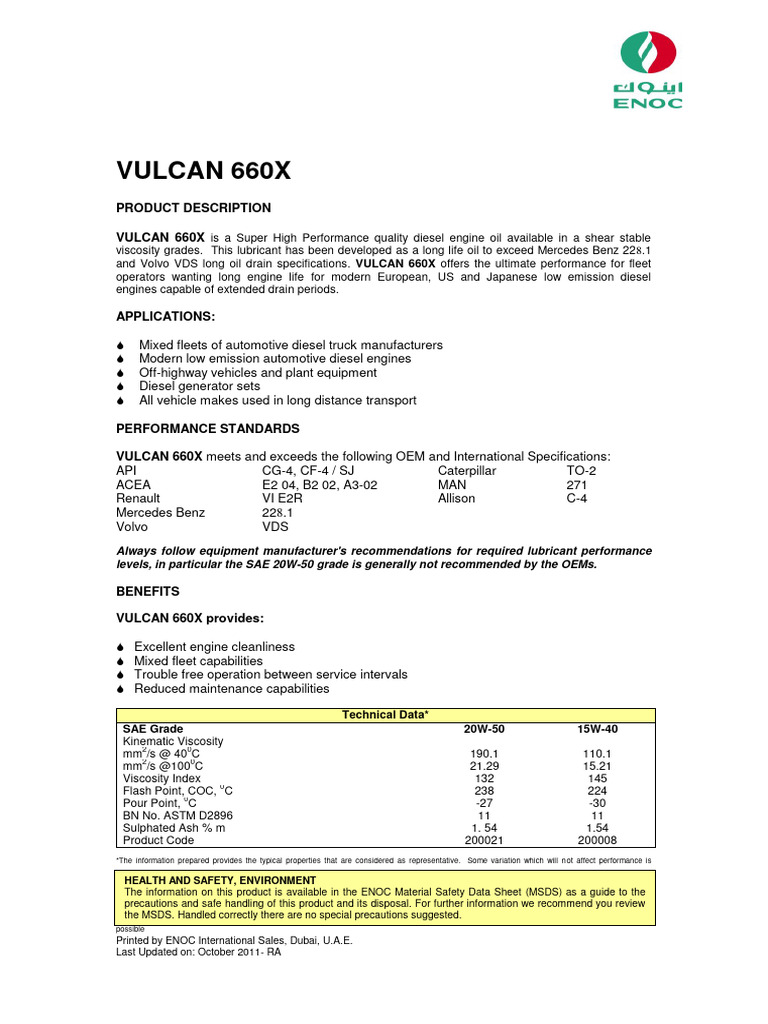 VULCAN 660X Diesel Engine Oil Overview | PDF | Motor Oil | Motor Vehicle