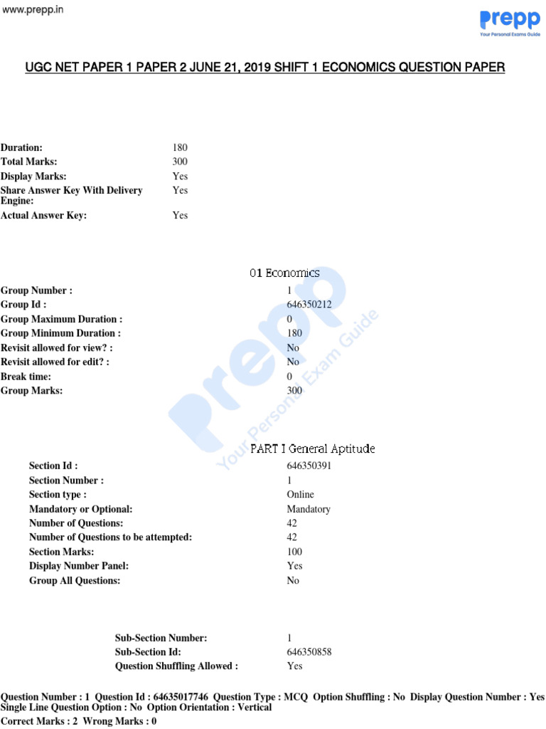 Ugc Net Paper 1 Paper 2 June 21, 2019 Shift 1 Economics Question Paper ...