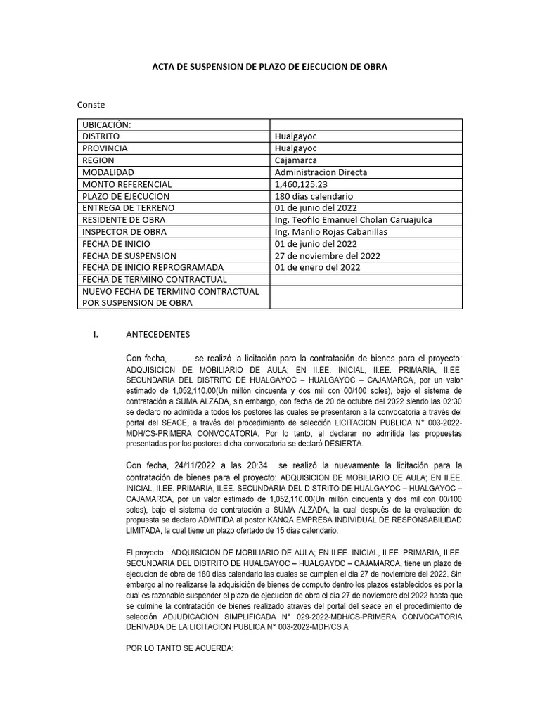 Acta de Suspension de Plazo de Ejecucion de Obra | PDF