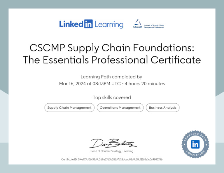CertificateOfCompletion - CSCMP Supply Chain Foundations The Essentials Professional Certificate ...