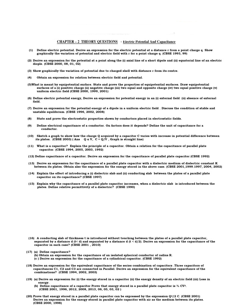 CHAPTER 2 Theory Worksheet - Electric Potential and Capacitance | PDF ...