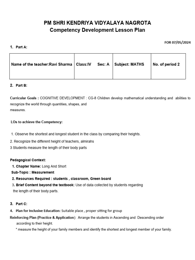 Lesson Plan of Day 7 May Class IV A | PDF | Pedagogy | Lesson Plan
