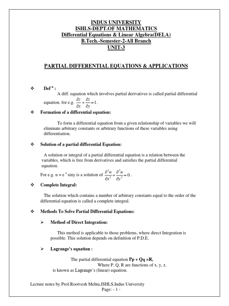 Unit 3 DELA MA0211 SEM II B.TECH. MA0211 LECT - NOTE | PDF | Equations | Partial Differential ...