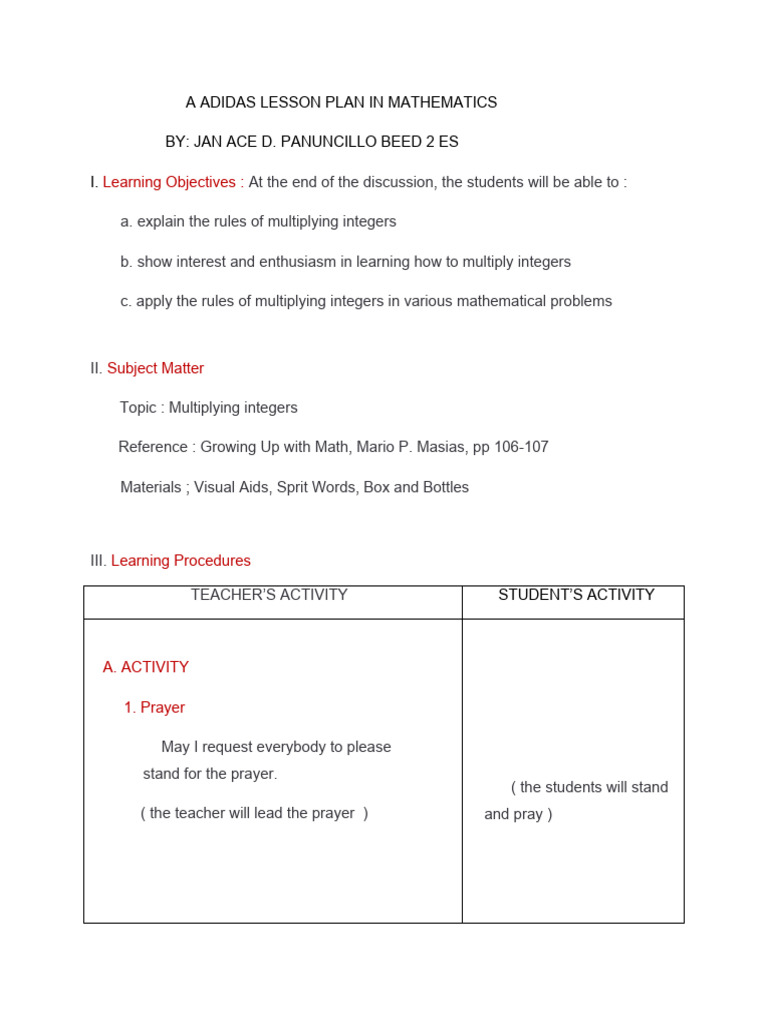 A ADIDAS LESSON Final | PDF | Multiplication | Elementary Mathematics