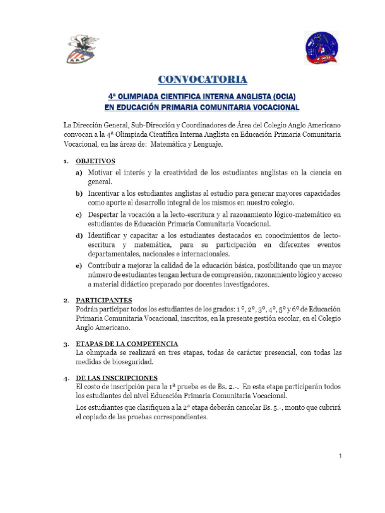 Convocatoria Olimpiada Cientifica Interna | PDF