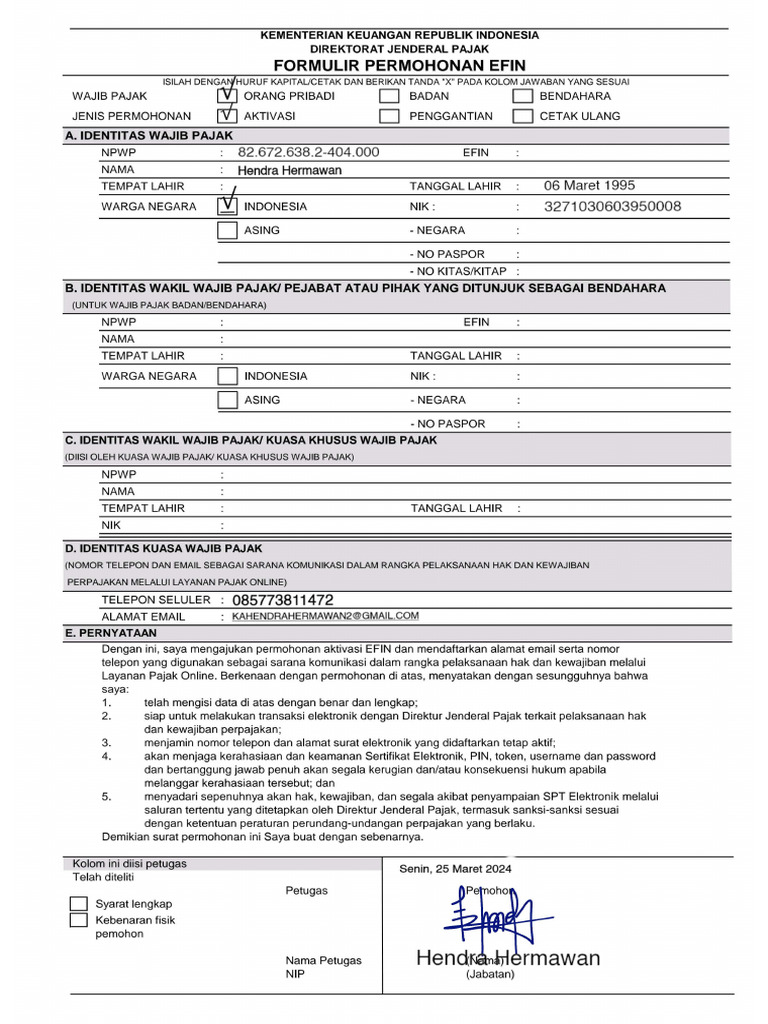 Permohonan Nomer EFIN Pajak | PDF