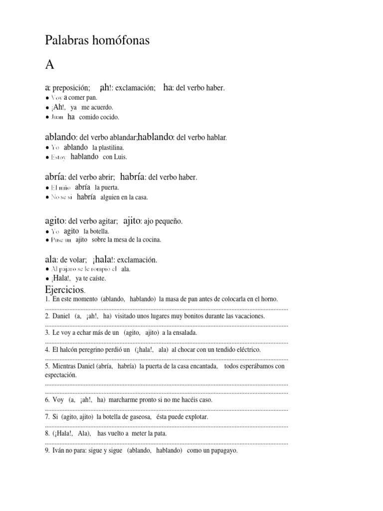 Ejercicios sobre palabras homófonas | PDF | Estudios de idiomas extranjeros