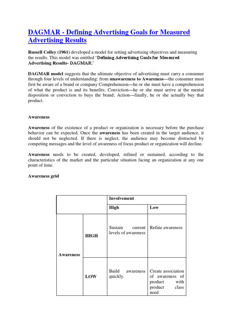 DAGMAR Model: Advertising Goals Defined | PDF