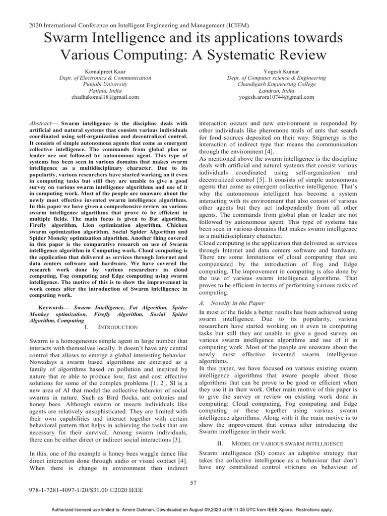 Swarm Intelligence and Its Applications Towards Various Computing: A Systematic Review | PDF ...