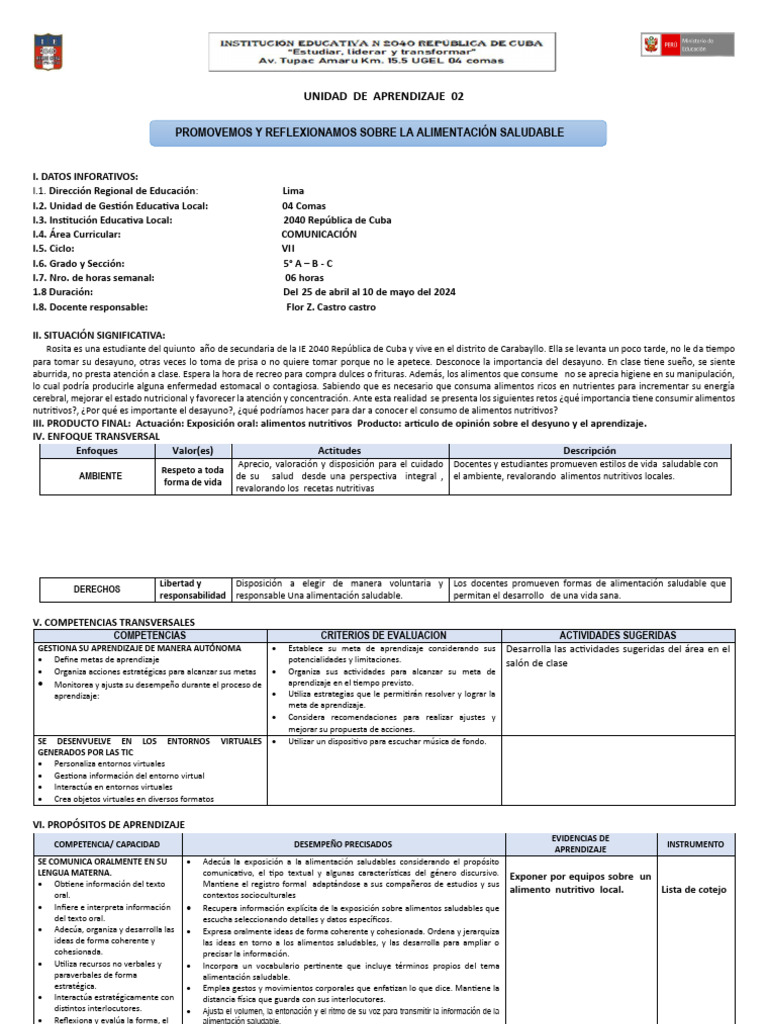 Unidad de Aprendizaje #2 Modificado Plan Lector 2 | PDF | Aprendizaje | Evaluación