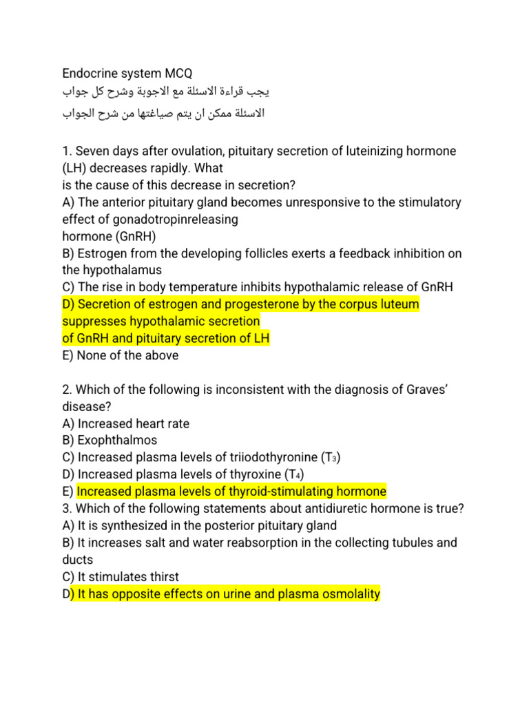 MCQs For Endocrine System | PDF | Luteinizing Hormone | Thyroid ...