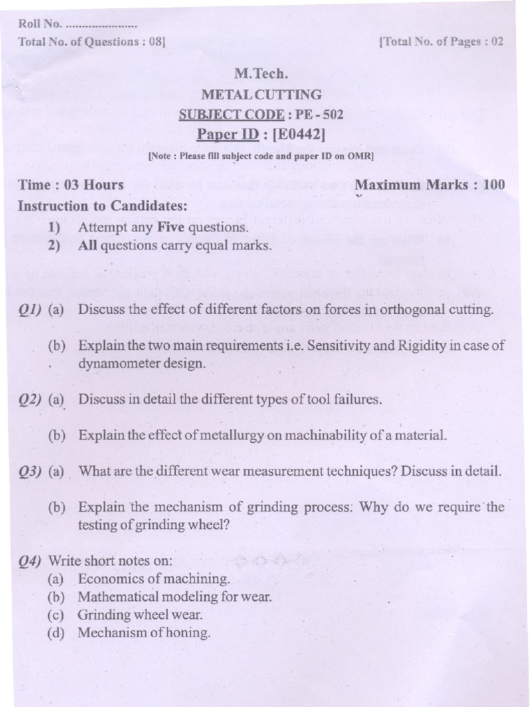 M. Tech. Metal Cutting Subject Code: Pe-502 Paperid: (E0442) | PDF