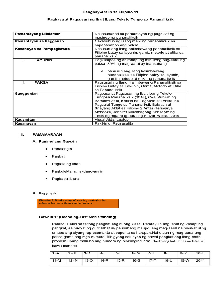 Lesson Plan in Fil 11 | PDF