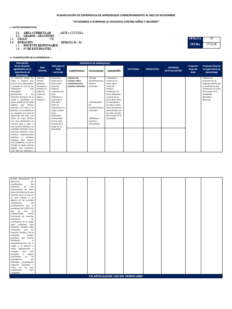 Planificación de Experiencia de Aprendizaje-Noviembre | PDF | Mujer | Violencia
