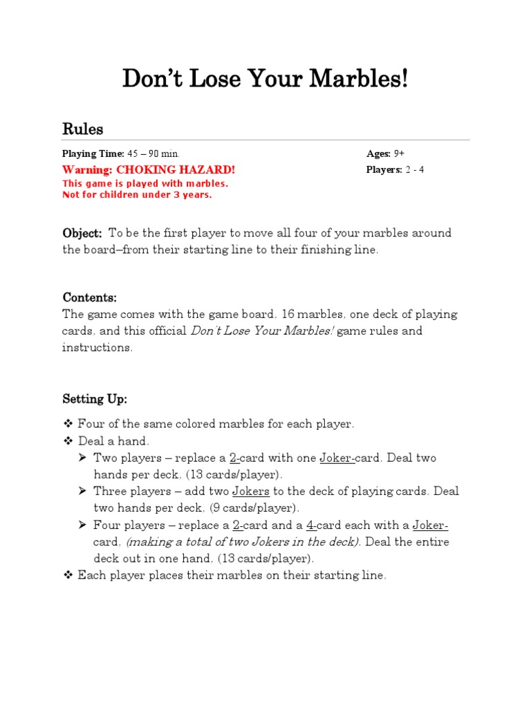 "Dont Lose Your Marbles!" - Game Rules | PDF | Playing Cards | Gambling