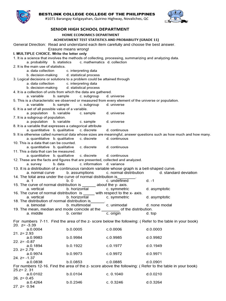 Achievement Test Statistics and Prob 2020 | PDF | Statistics | Normal ...