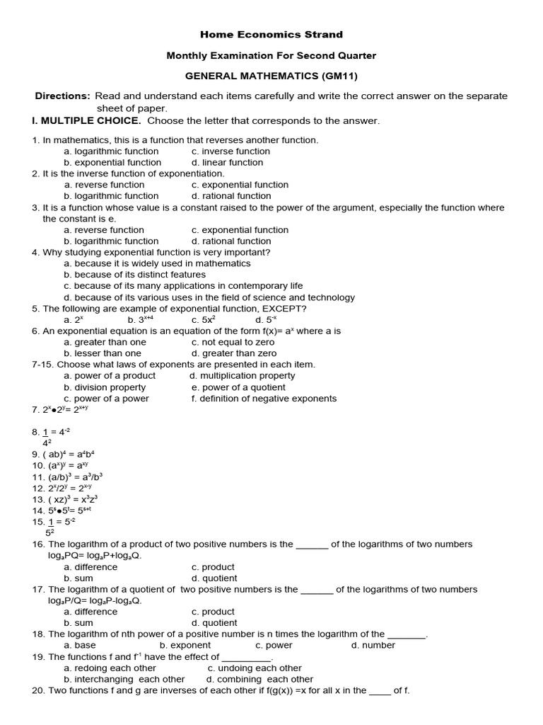 Examination GEN - Math Second Quarter | Download Free PDF | Exponentiation | Function (Mathematics)