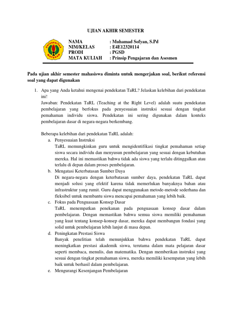 UAS Prinsip Pengajaran Dan Asesmen Muhamad Sofyan | PDF | Sains & Matematika