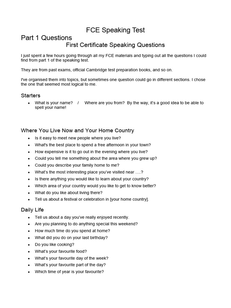 91 FCE Speaking Test | PDF | Question | Leisure