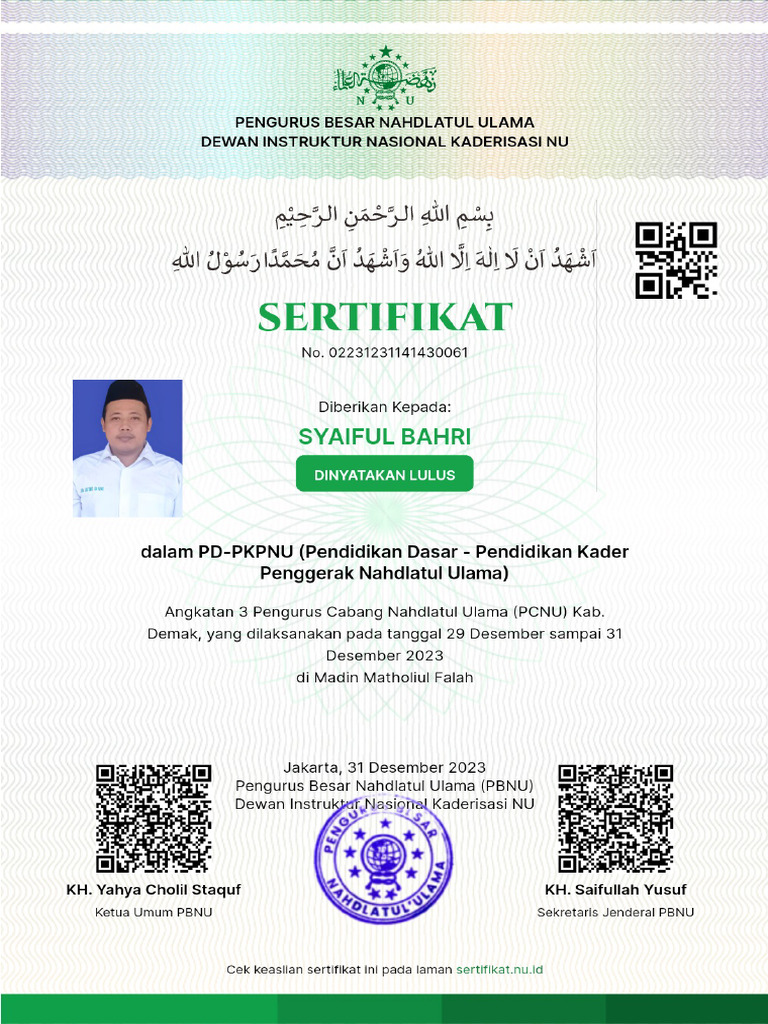 Sertifikat-PD PKPNU Syaiful-Bahri | PDF