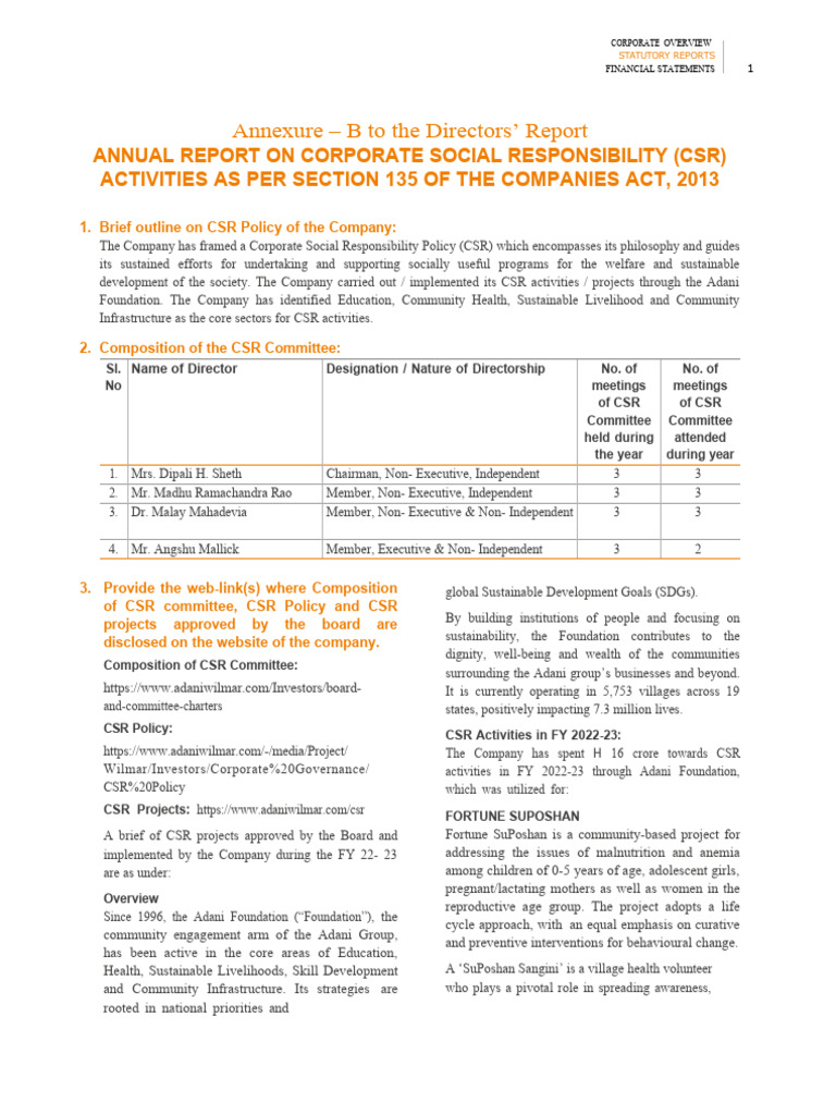 Adani Wilmar CSR Report 2022-23 | PDF | Malnutrition | Corporate Social ...