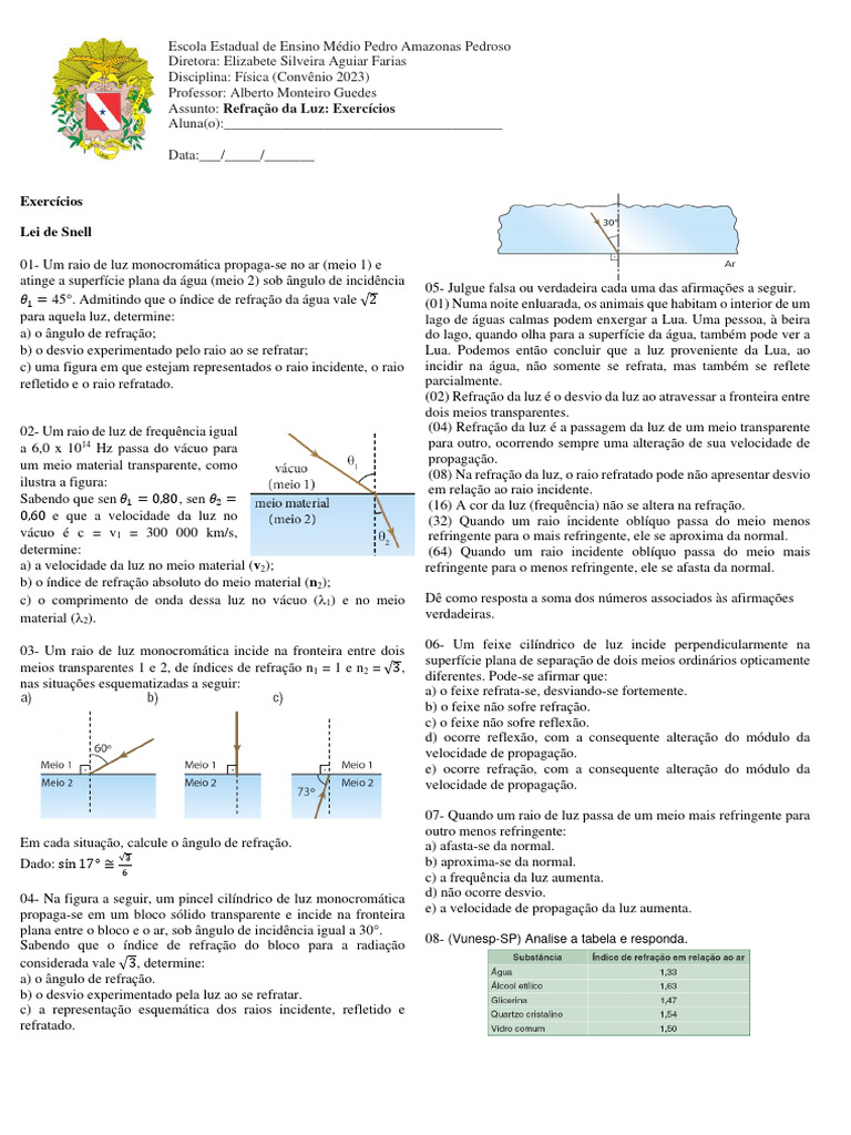 01-Exercícios de Refração-ATUALIZADO!!! | PDF | Refração | Reflexão ...